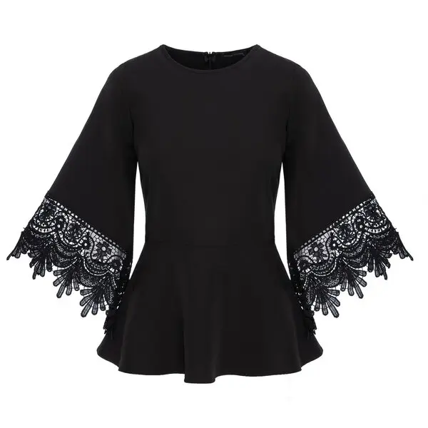 CONCEPT A TROIS Top With Flared Sleeves And Lace Details - Black