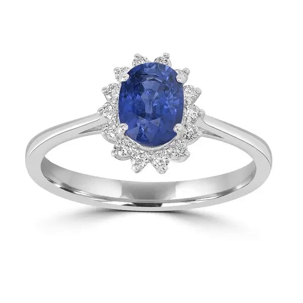 ARTISAN White / Blue Oval Blue Sapphire & Diamond Floral Halo Ring In 18k White Gold - White/blue