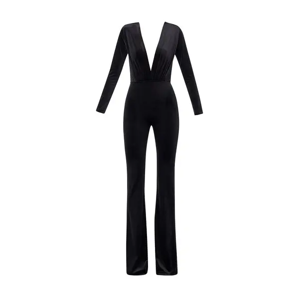 LIA ARAM Velvet Contour Flared Jumpsuit - Black