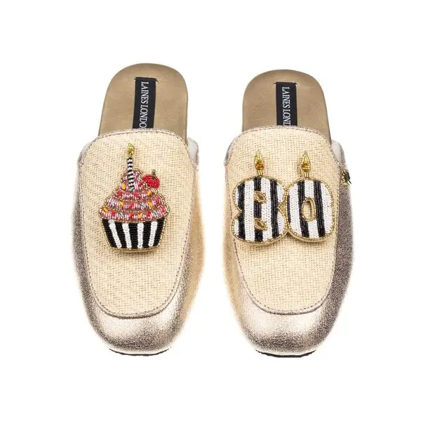 LAINES LONDON Neutrals Classic Mules With Stripe 80th Birthday & Cake Brooches Cream - Gold
