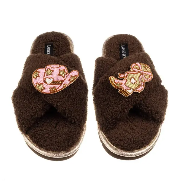 LAINES LONDON Neutrals Laines Neutral Boucle Slippers With Cowgirl Hat & Cowgirl Boots Brooches Chocolate - Brown