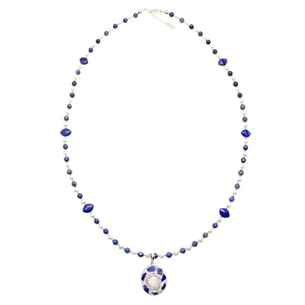 FARRA Freshwater Pearls With Lapis With Removable Pendnat Necklace