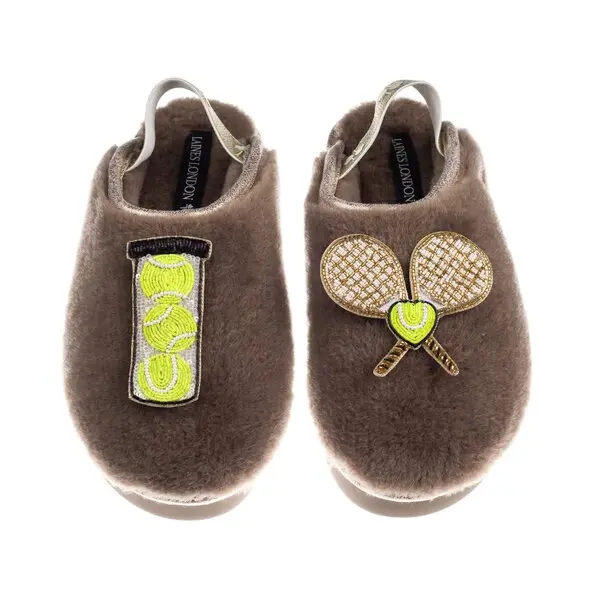 LAINES LONDON Brown / Gold / Neutrals Flatform Cloud Closed Toe Slippers With Tennis Lover Brooches Mink - Brown/gold