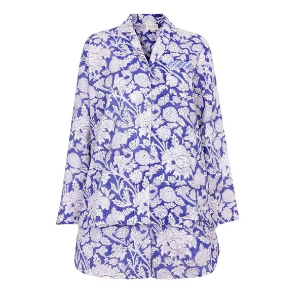 NOLOGO-CHIC Blue / White Hand Block Printed Cotton Pj Shorts Set China Blue - Blue/white