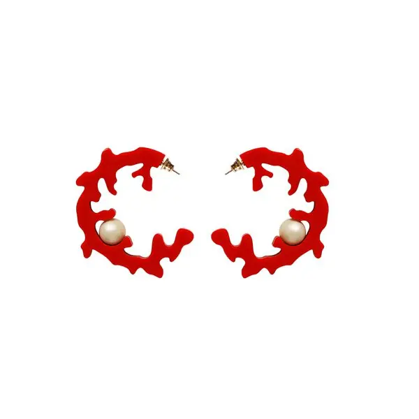 GISSA BICALHO Handmade Acrylic Earrings Hoops Coral & Pearl - Red