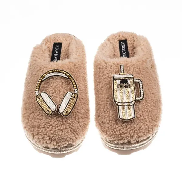 LAINES LONDON Neutrals Teddy Closed Toe Slippers With Headphones & Quencher Brooches Toffee - Brown