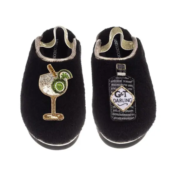 LAINES LONDON Black / Gold Flatform Cloud Closed Toe Slippers With Botanical Gin & Glass Brooches Black - Black/gold