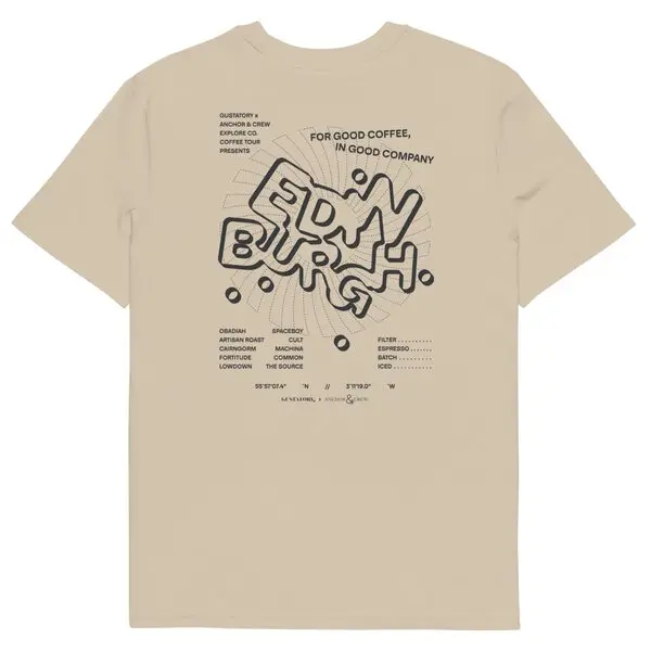 ANCHOR & CREW Neutrals Desert Dust Gustatory Edinburgh Coffee Scene Organic Cotton Embroidered T-shirt - Brown
