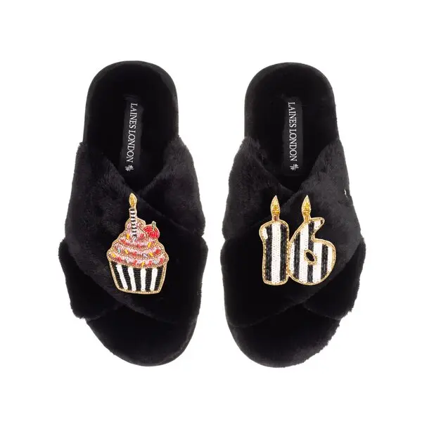 LAINES LONDON Faux Fur Cross Strap Slippers With Brooch Embellishments - Black