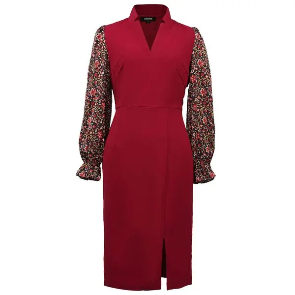 SMART AND JOY Chiffon Sleeves V-neck Tailor Dress Burgendy - Red