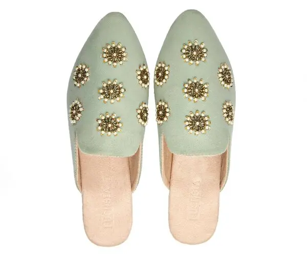 FUCHSIA SHOES Galaxy Pastel Handmade Pearl Embroidered Luxury Velvet Pointed Toe Mules By - Green