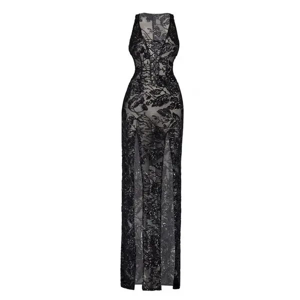 MODA GLAM Vixen Lace-up Sheer Sequin Gown - Black