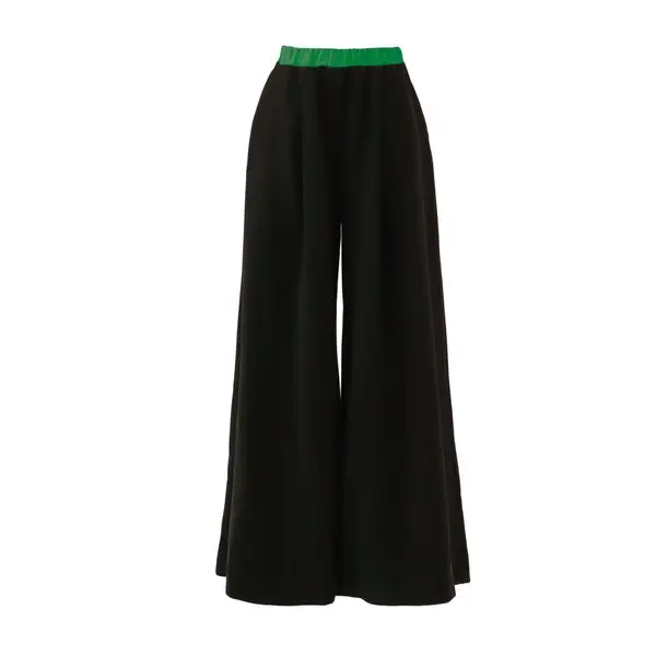 JULIA ALLERT Black / Green Wide-leg Black Trousers With Contrasting Waistband Green - Black/green