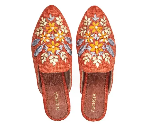 FUCHSIA SHOES Blossom Bliss Handmade Embroidered Canvas Mules By - Orange
