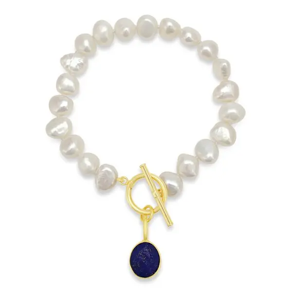PEARLS OF THE ORIENT ONLINE Blue / White Clara White Irregular Cultured Freshwater Pearls Bracelet With A Lapis Lazuli Drop Pendant - Blue/white