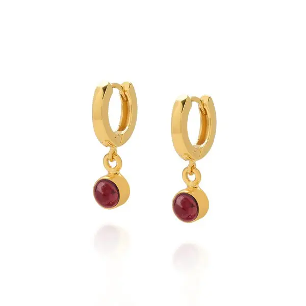 NELLOU JEWELLERY Red / Gold Gem Hoop Birthstone Earrings January Gold Plated Sterling Silver Garnet - Red/gold