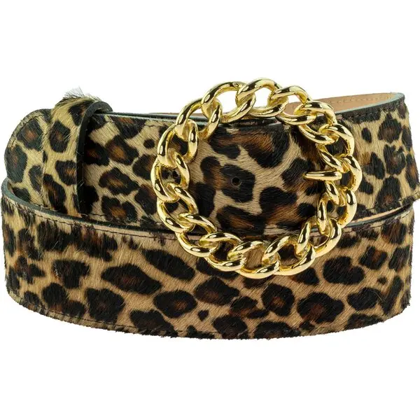 PEACHY BELTS LTD Leopard Print Cowhide Belt With Detachable Gold Chain Buckle - Brown