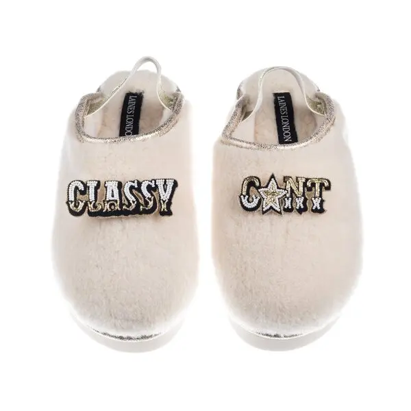 LAINES LONDON Neutrals / Flatform Cloud Closed Toe Slippers With Classy Cunt Brooches Cream - White