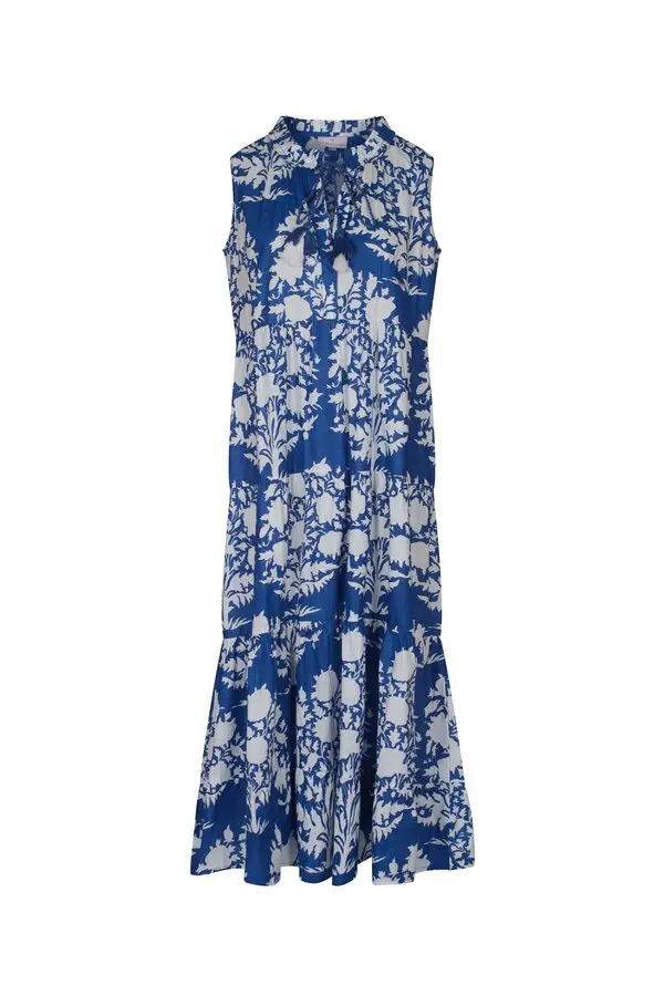 LA MANDARINE Summer Maxi Dress With Pockets. Beach Dress, & White Ikat Cotton Paloma - Blue