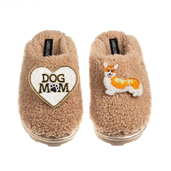 LAINES LONDON Neutrals Teddy Closed Toe Slippers With Dog Mum/mom & Peach The Corgi Brooches Toffee - Brown