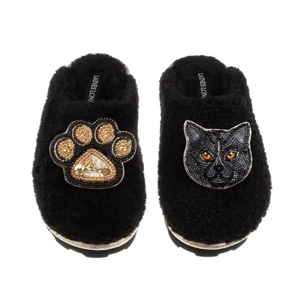 LAINES LONDON Teddy Closed Toe Slippers With Paw & British Shorthair Cat Brooches - Black