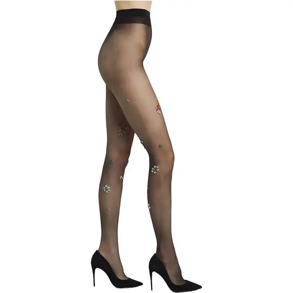 HIGH HEEL JUNGLE BY KATHRYN EISMAN Arcadia Crystal Floral Tights - Black