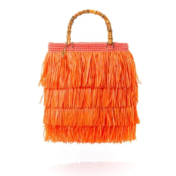 SPEIRA Tote Bag Raffia Fringes With Bamboo Handles - Orange