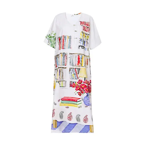 DHARA SHETH, DUBAI Abode Artistic Bookshelf Long Cotton Kaftan Dress Multicolor Library Print - White