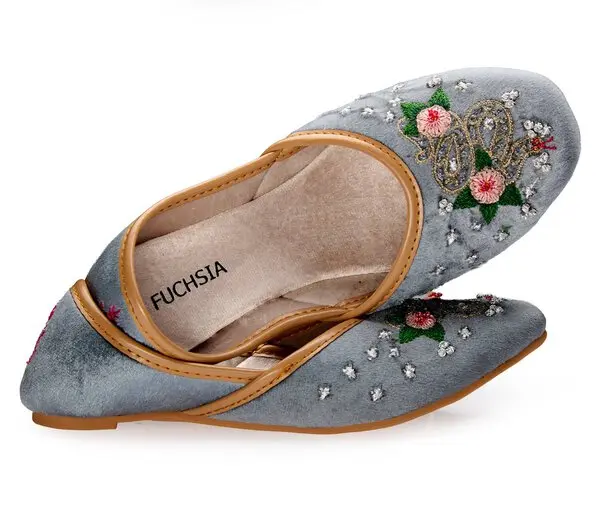 FUCHSIA SHOES Serpent Rose Handcrafted Thread & Sequin Embroidered Velvet Jutti Flats Gray - Grey