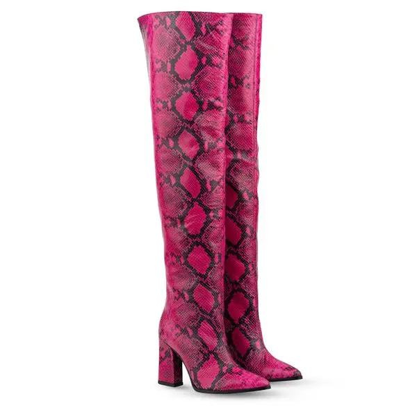 ROSAMUND MUIR LONDON Black / Pink Roma Pink & Black Snake Print Over Knee Boots - Black/pink