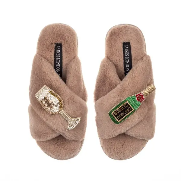 LAINES LONDON Embellished Faux Fur Slippers - Brown