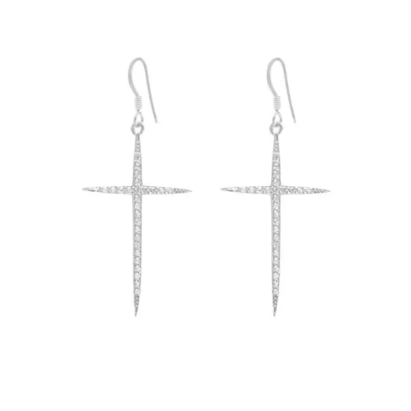 SEVEN SAINTS Delicate Pave Cross Earrings, White Topaz, White Rhodium - Silver