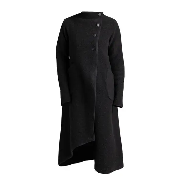 NIKKA PLACE Wool Asymmetrical Wrap Cardigan Coat With Buttons And Pockets - Black