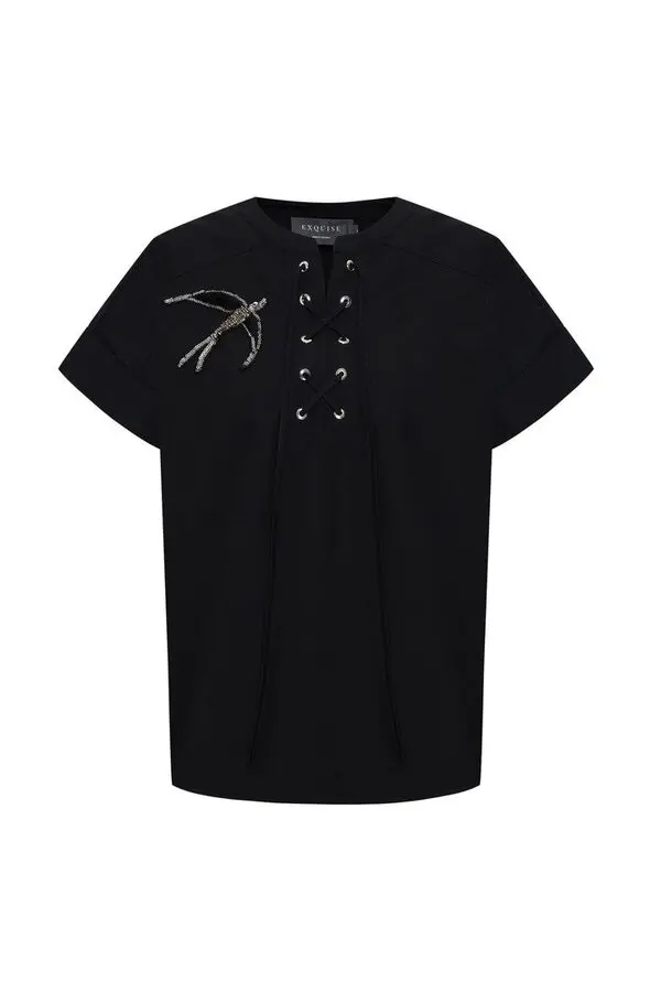 EXQUISE Celeste Blouse Embellished Lace-up Cotton Blouse - Black