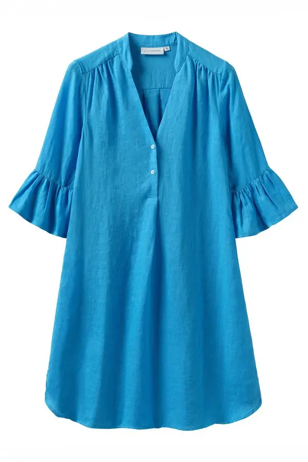 PINK HOUSE Linen Decima Dress With Frilled Cuff Plain Turquoise - Blue
