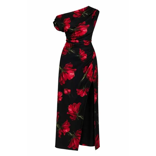 GIRL IN MIND Ariana Asymmetric Floral Midi Dress - Red