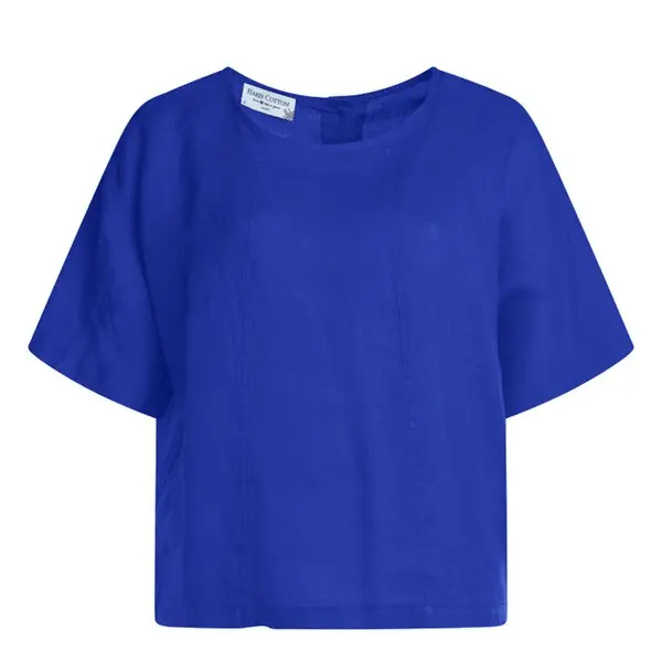 Haris Cotton Round Neck Linen Blouse With Batwing Sleeve And Back Buttons Sapphire - Blue