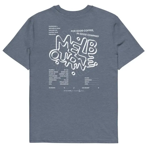 ANCHOR & CREW Heather Gustatory Melbourne Coffee Scene Organic Cotton Embroidered T-shirt - Blue