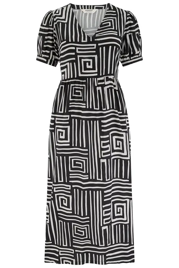 SUGARHILL BRIGHTON Black / White Priya Midi Smock Dress Black & White, Monochrome Maze - Black/white