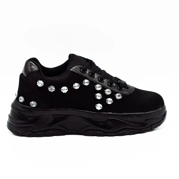 RETTROSE Adeline Luxury Noir Lycra Handmade Embellished Trainers - Black