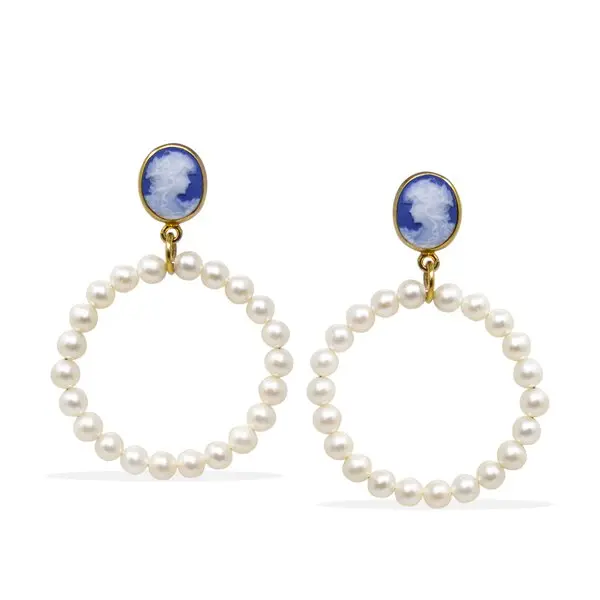 VINTOUCH ITALY Blue / Gold A Perfect Circle Blue Cameo And Pearl Earrings - Blue/gold