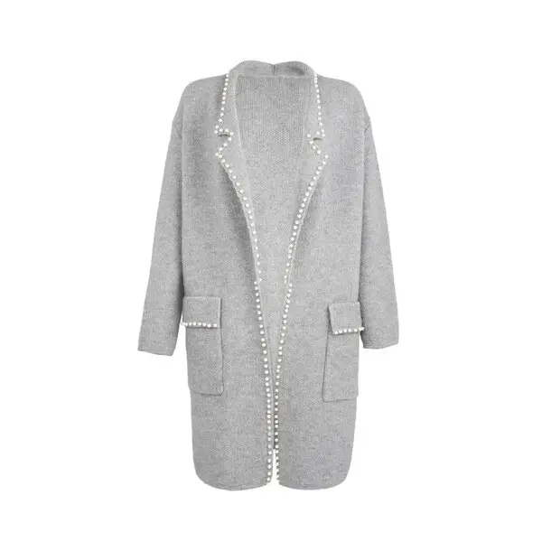 Saachi Pearl Trim Long Knit Blazer - Grey