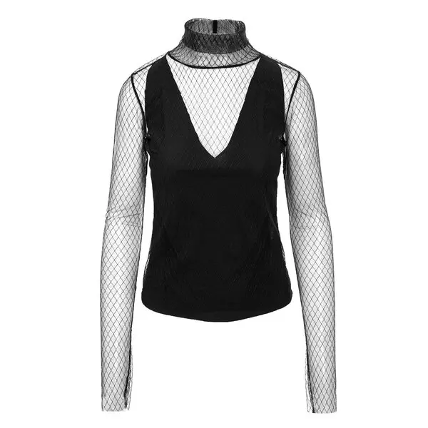 SILVIA SERBAN Textured Tulle Turtleneck Top - Black