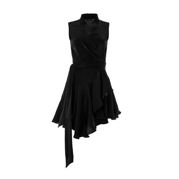 LITA COUTURE Ruffle Trimmed Asymmetric Silk Dress - Black