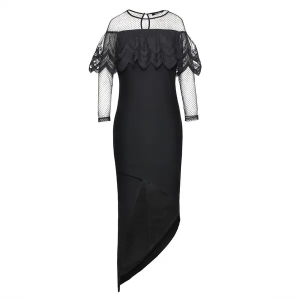 SMART AND JOY Lace Trim & Asymmetrical Hem Dress - Black