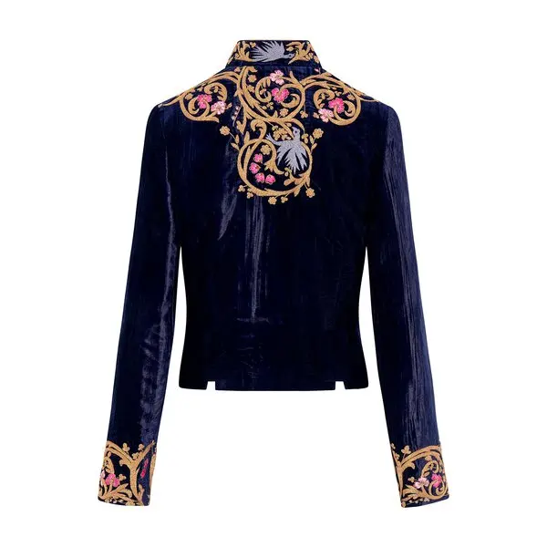 BEATRICE VON TRESCKOW Navy Embroidered Velvet Valerie Cropped Jacket - Blue