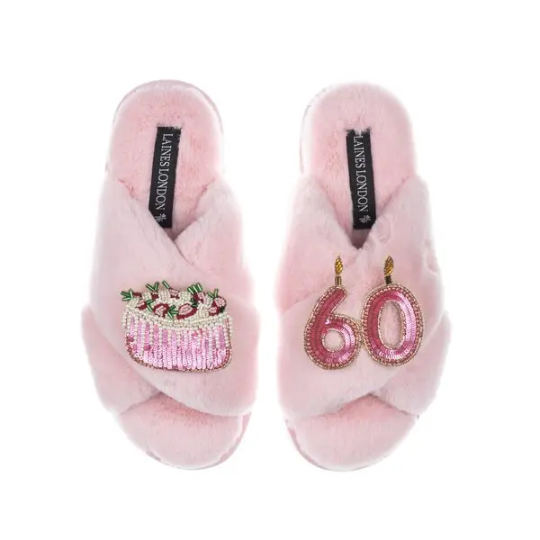 LAINES LONDON Faux Fur Slippers With "60th Birthday" And "cake" Brooch Embellishments - Pink