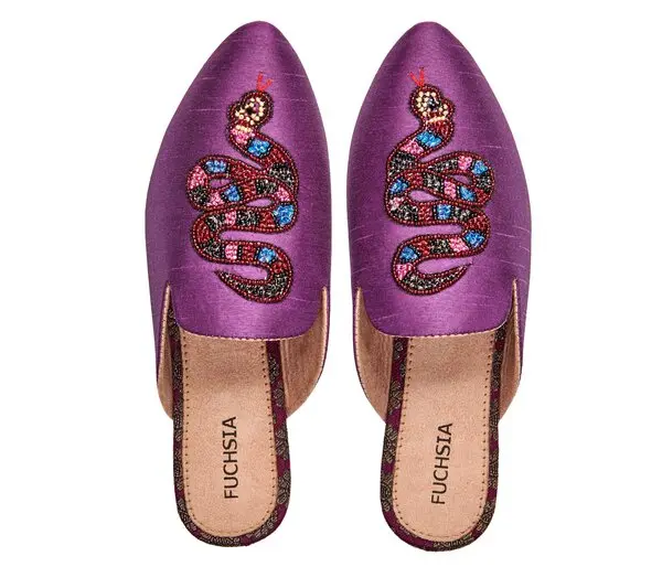 FUCHSIA SHOES Serpent Handmade Crystal Embroidered Luxury Raw Silk Mules By - Purple