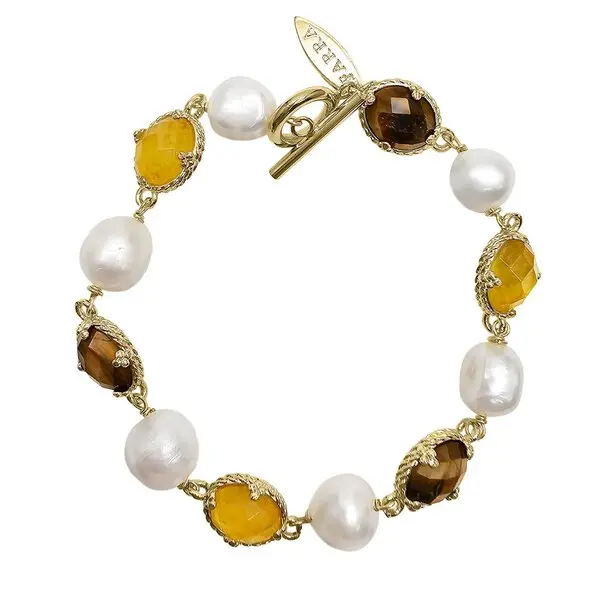 FARRA Yellow Quartz And Tiger-eye With Freshwater Pearl Bracelet - Brown
