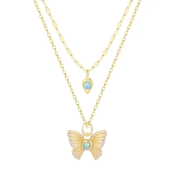 KAMARIA Opal Butterfly & Cocoon Metamorphosis Double Layering Necklace - Gold